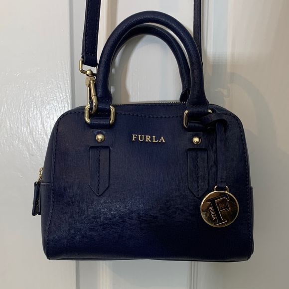 Furla | Bags | Furla Dark Blue Mini Bag With Gold Accents | Poshmark